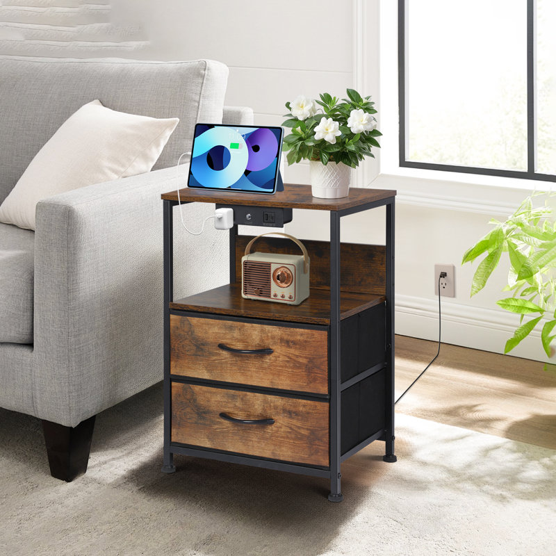 17 Stories Kohaku 23” 2-Drawer End Table with USB Port and Touch Control, Nightstand with LED ...